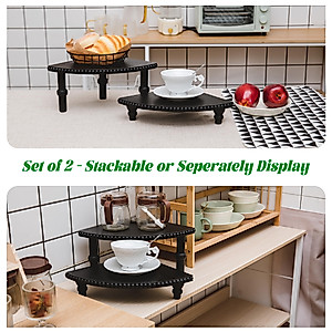 Defined Deco 2 Tier Corner Pedestal Stand Rustic Decor Riser for Display - Farmhouse Wood Beaded Tray Kitchen Bathroom Countertop Organizer for Coffee Bar, Plant Stand, Black Stackable Corner Shelf