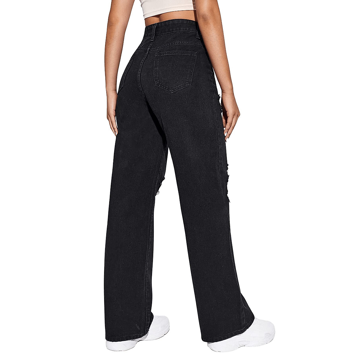 SweatyRocks Women's High Waist Slant Pocket Denim Jeans Ripped Straight Leg Pants Plain Black M