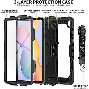 BLOSOMEET Case for Samsung Galaxy Tab S6 Lite 10.4" 2024/2022/2020 with Screen Protector S Pen Holder,Heavy Duty Case for S6 Lite Tablet P620/P625/P610/P613 with Stand Hand Shoulder Strap,Black