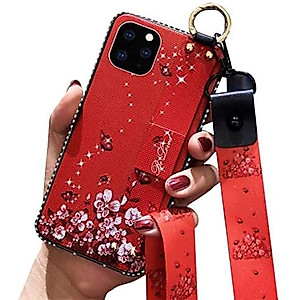 for iPhone 13 Pro Max Case Girl Woman Design,Luxury Glitter Cute Flower Slim TPU Bumper Cover with Loopy Ring,Foldable Wrist Strap Stand Phone Case with Neck Lanyard for iPhone 13 Pro Max 6.7'' Red