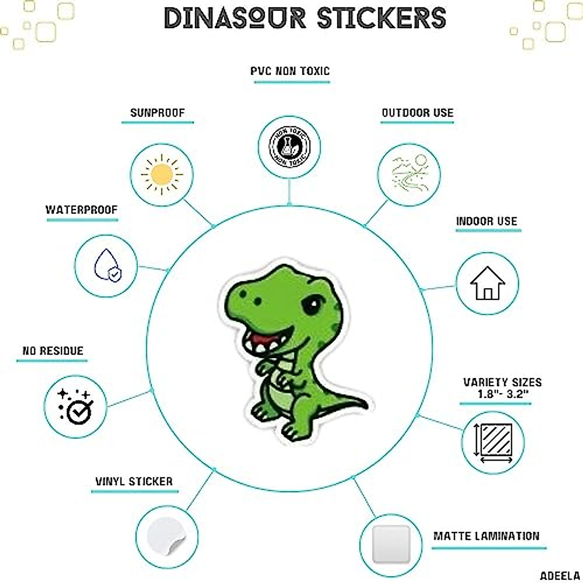 Adeela 100pcs Cute Dinosaur Stickers | Waterproof VSCO Stickers | Great on Waterbottles - Tablets - Laptops - PCS - Phones - Luggage | Assorted Sticker Packs for Kids Teens Adults