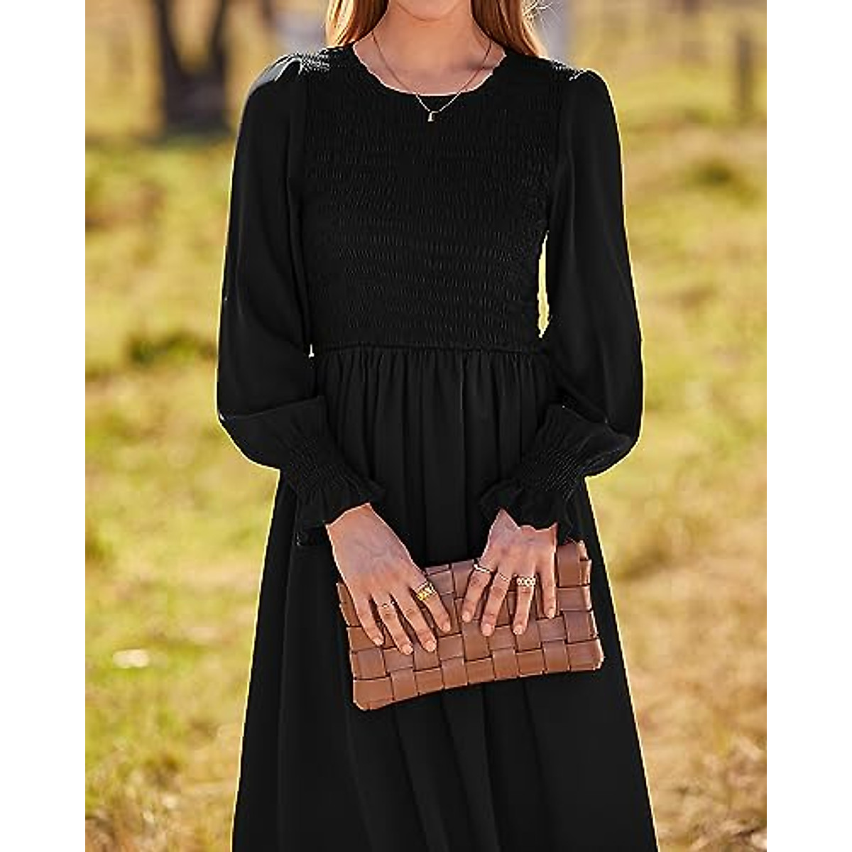 dowerme Women Casual Petal Long Sleeve Crewneck Smocked A-Line Flowy Solid Maxi Dress Fall Winter Party Cocktail Dresses(Solid Black,Large)