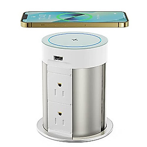 Automatic Pop Up Power Outlet with Wireless Charger, Retractable Recessed Power Strip, 4 AC Outlets and 2 USB Ports, Glass Finish, for Kitchen Countertops Office Table Workshop, White