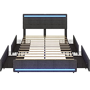 ADORNEVE LED Full Size Bed Frame with Storage Drawers, Platform Bed Frame with 2 USB Ports, Upholstered Bed with LED Lights Headboard Footboard, Square Stitched Button Tufted Design, Dark Grey