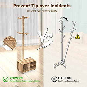 Yoimori Coat Rack, Wooden Coat Rack Freestanding with Storage Cabinet and 12 Hooks, Coat Tree,Sturdy Coat Rack Stand for Entryway, Hallway, Bedroom, Living room, Office, Coats, Bags, Hats(Brown)