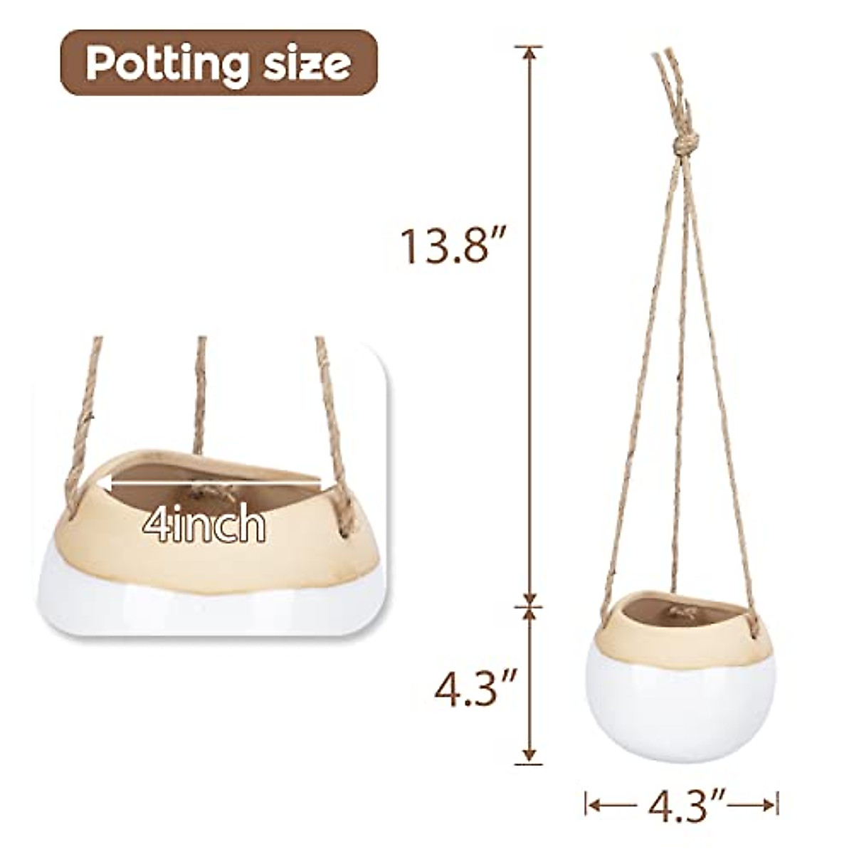 Chonsun Hanging Ceramic Planter 4 Inch Plant Pot Indoor Outdoor Planter Flower Pot Succulent Plant Pot Ceramic Mid-Century Planter Brown and White