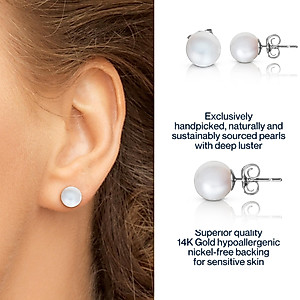 BELLA LEORA Round White AAA Freshwater Real Pearl Earrings - Great Holiday Gift for Women - 14k White Gold with Genuine Cultured Pearls, 7mm-7.5mm Hypoallergenic