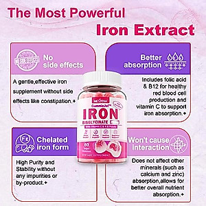 Iron Gummies Supplement - Vegan Iron Bisglycinate Filled Gummies with Vitamin C, Folate - Blood Builder, Energy Support for Iron Deficiency - Iron Gummies for Women, No After Taste, Strawberry Flavor