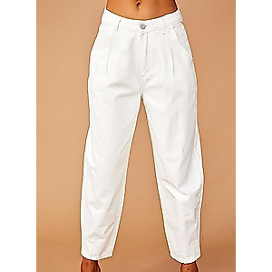 Astylish Women White Jeans High Waist Casual Loose Boyfriend Cropped Mom Denim Pants White Size 12