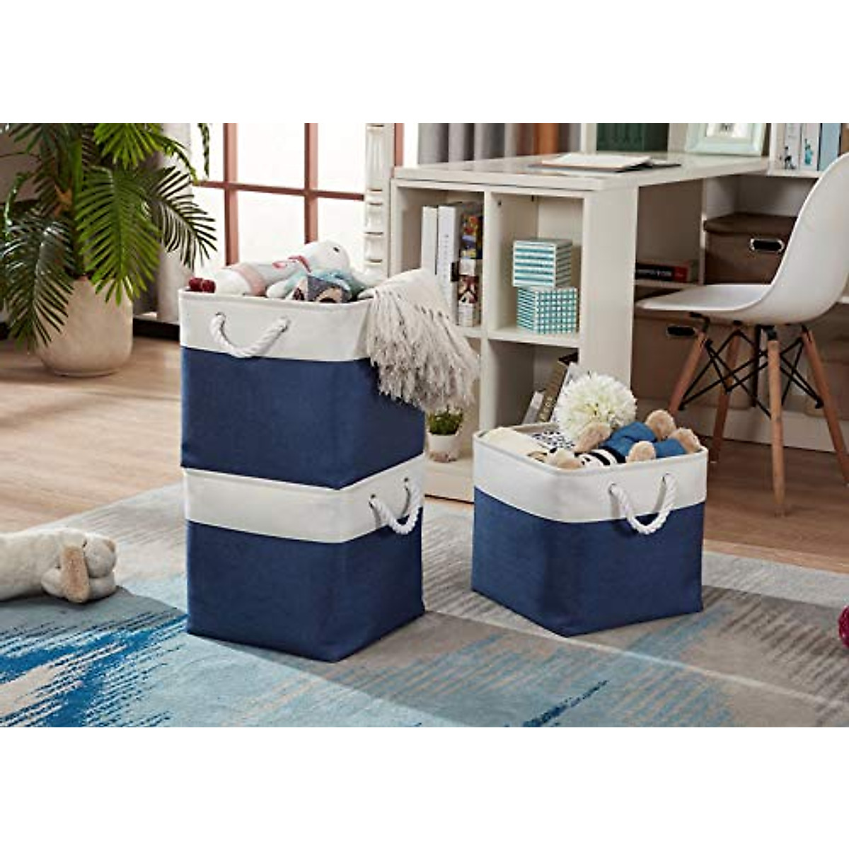 DECOMOMO Cube Storage Organizer Bins | Box Storage Cube Basket with Handles Fabric Cloth Bins for Organizing Shelf Nursery Home Closet (Navy Blue & White, 13 x 13 x 13 inch - 3 Pack)