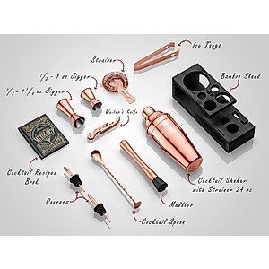 ROCKSLY MIXOLOGY BAR Set Premium Bartender Kit, Rectangular Tool Stand, Cocktail Shaker Strainer, Jiggers, Spoon, Tongs, Muddler, Pourers, Opener 10 Pc