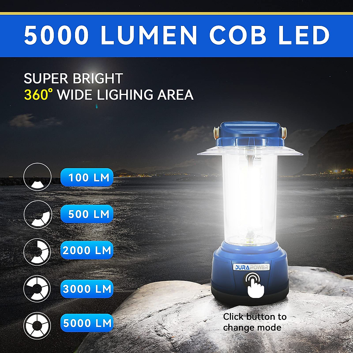 Durapower LED Camping Lantern Rechargeable, Bright 5000 Lumen, 5 Modes, 6000 mAh Power Bank, IP44 Waterproof Lantern for Hurricane, Emergency, Power Outages, Home