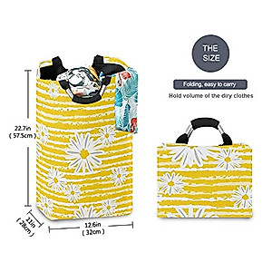 One Bear Flower Laundry Basket Cute Daisy Chamomiles Flowers Floral Yellow and White Stripes Foldable Large Laundry Hamper Bucket with Handles Collapsible Nursery Storage Bin for Kids Clothes Toy