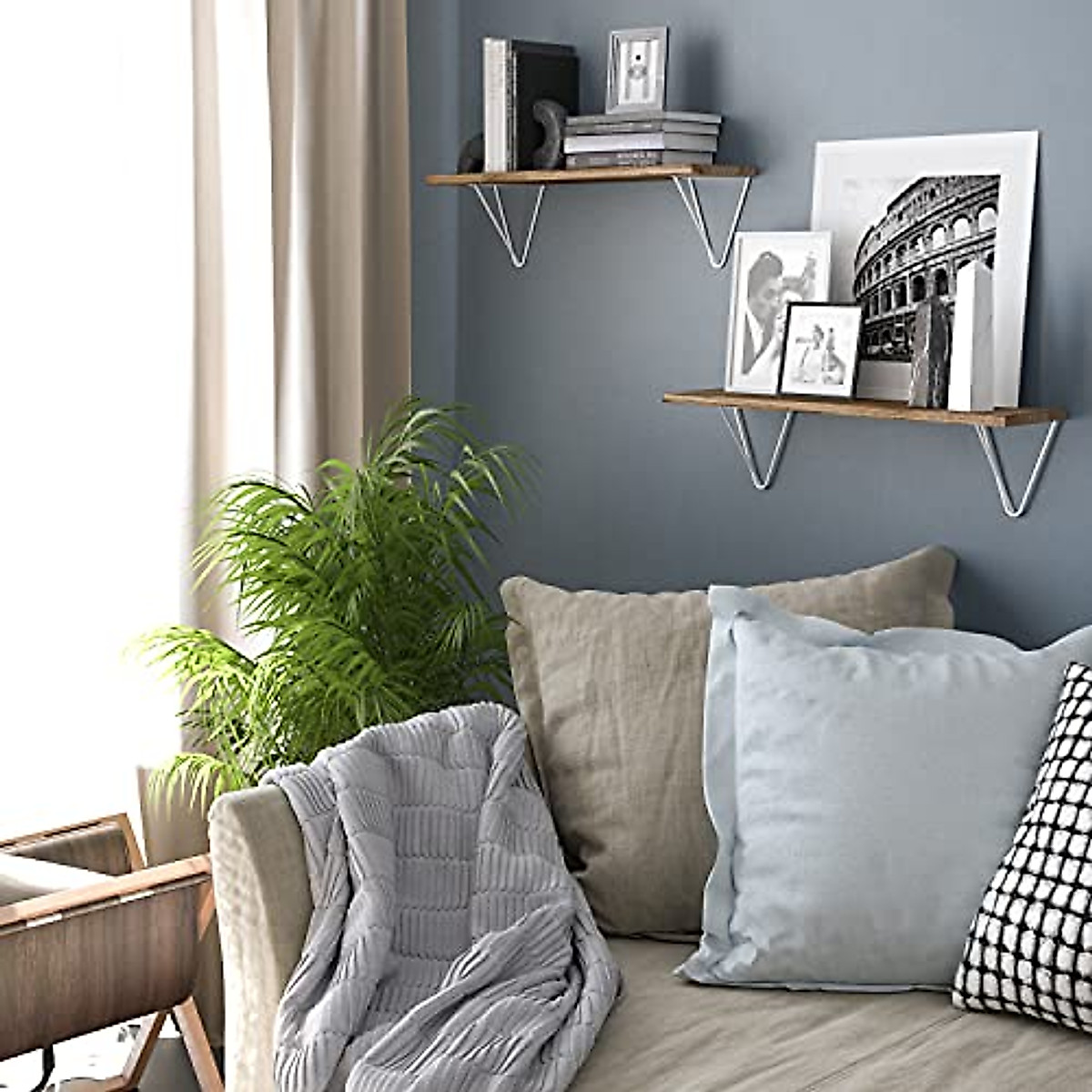 Wallniture Colmar Floating Shelves for Wall Decor, Bathroom Shelves, Kitchen Organization Wall Shelves for Bedroom, 24" Wall Shelf Set of 2 with Triangle White Brackets