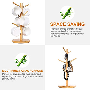 Maxcocola Mug Holder Tree, Coffee Cup Holder, Countertop Mug Tree , Coffee Mug Holder for Counter Stand, Bamboo Mug Rack & Tea Cup Organizer, Bamboo Coffee Counter Bar Accessory with 6 Hooks