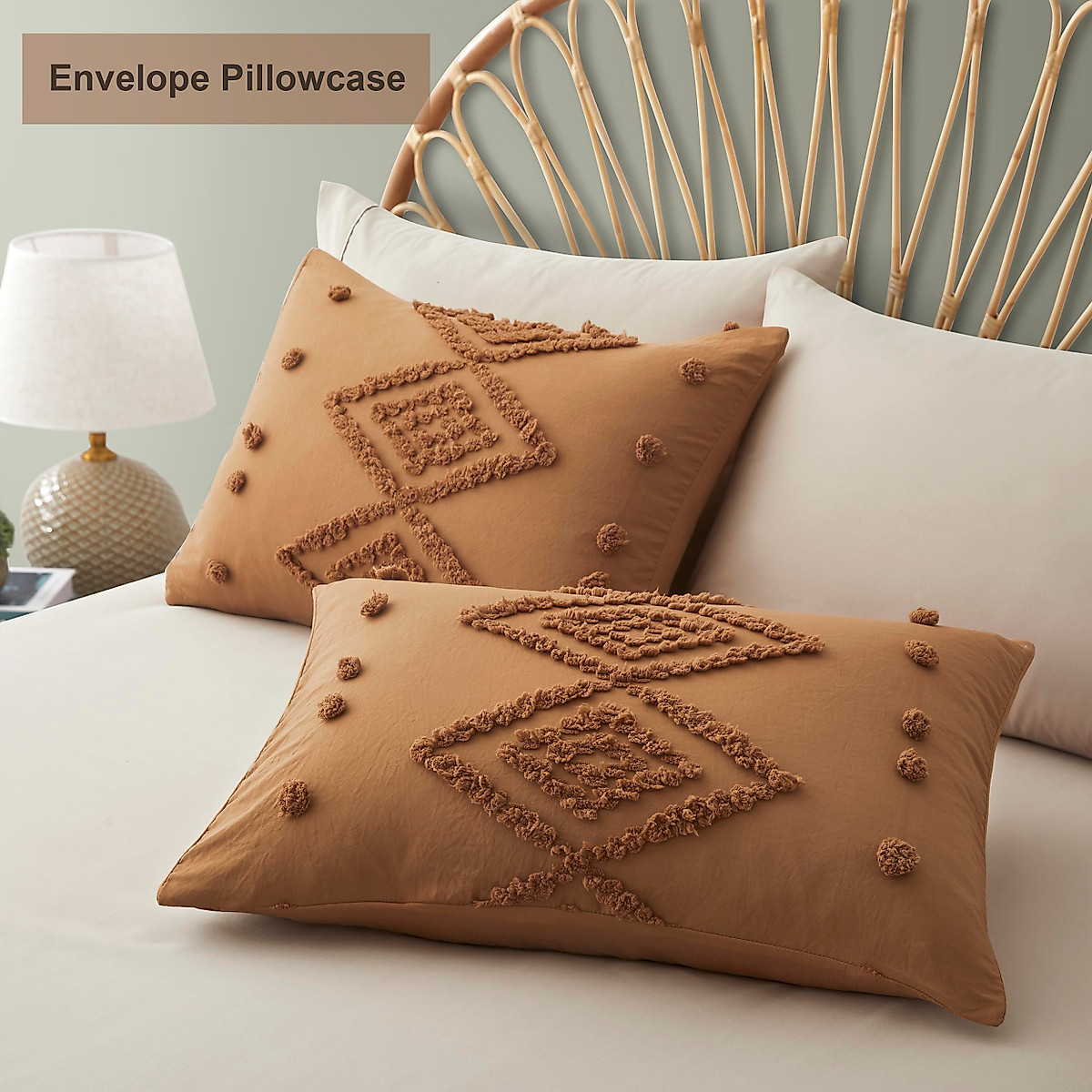 Oli Anderson Tufted Duvet Cover, Soft and Lightweight Duvet Covers Set for All Seasons, 3 Pieces Boho Embroidery Shabby Chic Bedding Set (Pumpkin Brown, Queen, 90"×90")