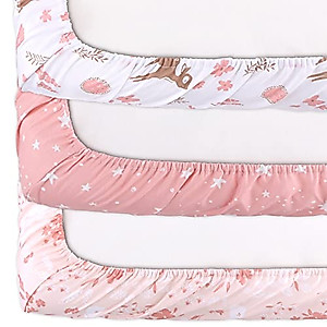 The Peanutshell Mini Crib Sheet Set for Girls, 3 Pack, Multiuse for Pack & Play, Playard, Playpen, Mini Crib, Pink Woodland Floral