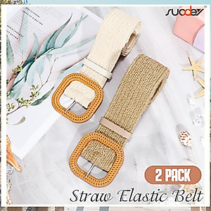 SUOSDEY 2 Pack Straw Woven Elastic Belt Braided Stretch Wide Belt for Women Dress