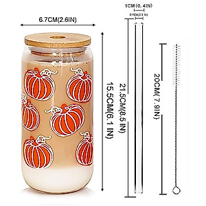 Fall Coffee Mug - Unique Autumn Decor & Iced Coffee Cup Fall Decor Pumpkin Mug with Pumpkin Decorations Thanksgiving Fall Wedding Tumbler Can Shaped Fall Cups with Bamboo Lid Glass Straw - 18oz