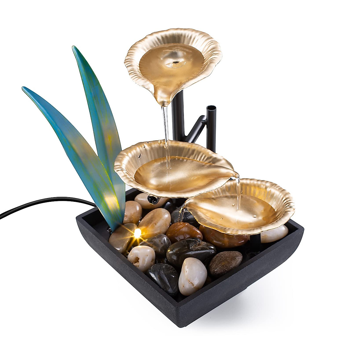 AMOOTEK Tabletop Fountain Desktop 3-Tier Indoor Golden Lotus Leaf Relaxation Fountains Waterfall, Office Home Decor Including Lots of Natural River Rocks and Warm Yellow Scene Light, AM-MR2005