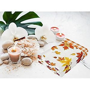 Pfrewn Fall Autumn Maple Leaves Hand Towels for Bathroom Set of 2 Orange Plaid Check Tartan Kitchen Dish Hanging Towel Absorbent Soft Thanksgiving Day Decor, 16x30 in