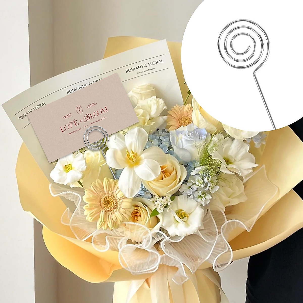 30 Pcs Round Floral Card Holder Metal Photo Memo Holder Wire Place Card Holder Craft Wire Clips Pick Stick Wire Clips for Birthday DIY Cake Topper Accessories Wedding Party (12 cm/4.7inch)