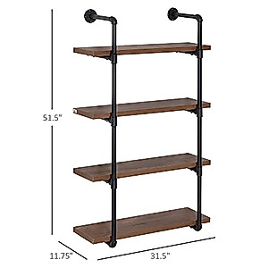 HOMCOM 4-Tier Industrial Pipe Shelves Floating Wall Mounted Bookshelf, Metal Frame Display Rack, 1.25" Thickness Shelving Unit for Farmhouse, Kitchen, Bar, Rustic Brown