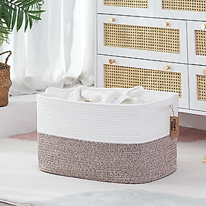 COMFY-HOMI Large Laundry Basket for Organizing|Rectangle Cotton Rope Storage Basket with Handles|Blanket Basket for Living Room|Woven Laundry Basket for Towels, Toys, Clothes-22x15x12”-White/Brown