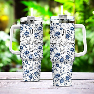 OulaArt Personalized Holding Nana‘s Mama's Hand Tumbler With Handle, Vintage Floral Blue Pattern Tumbler Cup, Mothers Day Gift 2025, Gift For Nana, Mom, Mama, Grandma