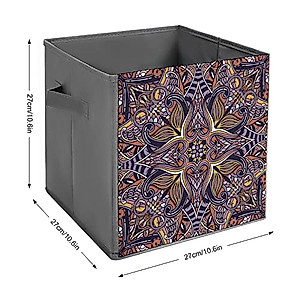 Ethnic Pattern Flower Foldable Storage Bins Printd Fabric Cube Baskets Boxes with Handles for Clothes Toys, 11x11x11