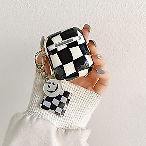 BONICI Protective Case for AirPods 1/2, Creative Elegant Art White Black Grid Plaid Smiling Face Soft Silicone TPU Rubber Lightweight Ultra Thin Cover Earbud Earphone Wireless Charging Case +Keychain