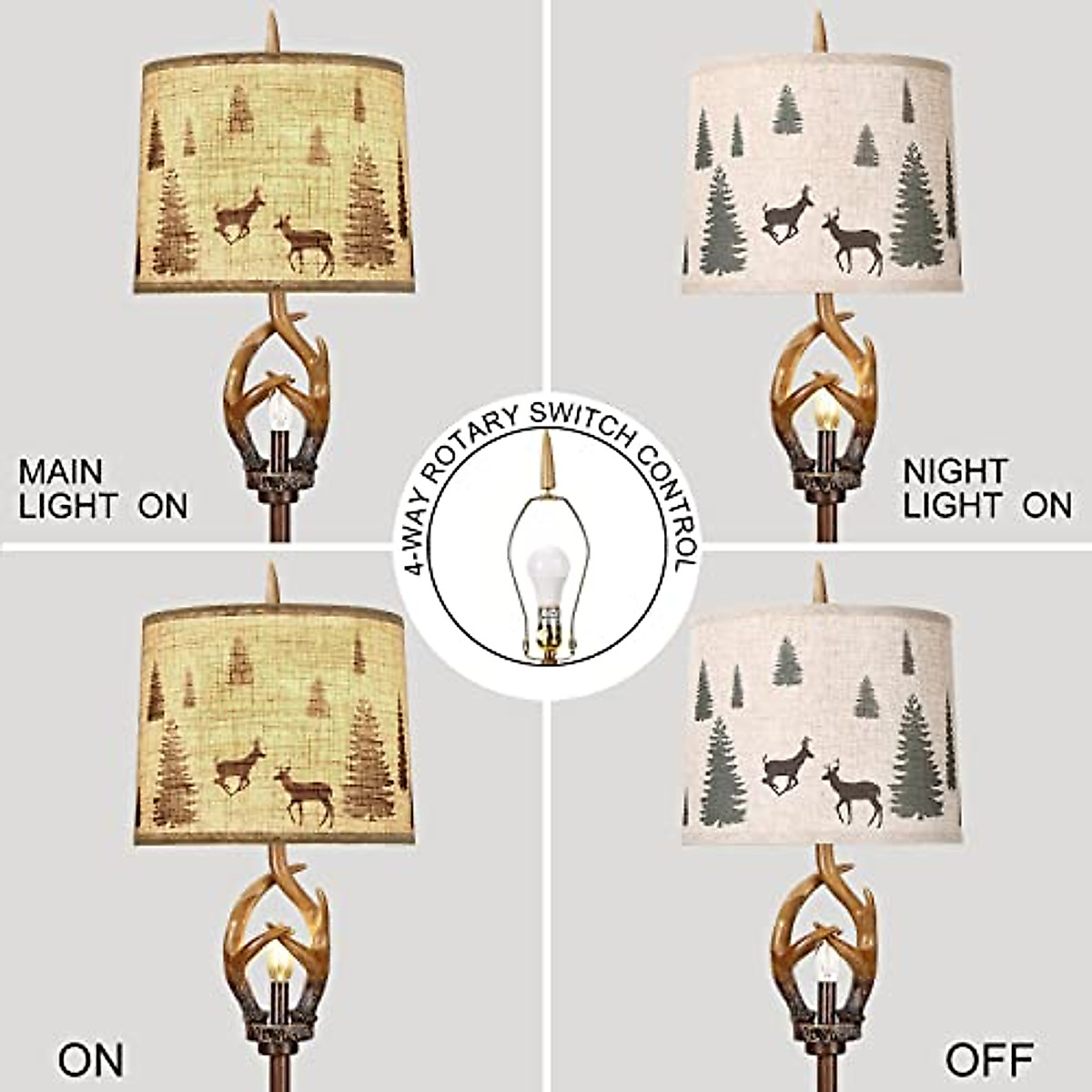 Scenekoy Rustic Farmhouse Antlers Floor Lamp with Nightlight Brown Finish Round Shade Lamps for Living Room Bedroom Office Study House