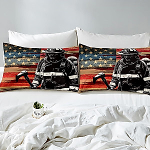 Firefighter Kids Sheet Queen Size,American Flag Retro Bedding Set,Boys Men Room Decor,Fireman Firefighting Theme Red Black Bed Sheet Set 4pcs(Fitted + Flat + 2 Pillowcases)