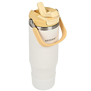 Nedyfix 32 Oz Tumbler with Handle Vacuum Insulated Water Bottle Stainless Steel Tumbler Car Reusable Cup Cold for 12 Hours-Beige White