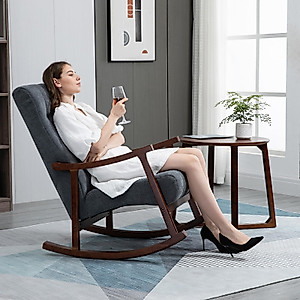 AVAWING Upholstered Rocking Chair with Fabric Padded Seat,Comfortable Rocker Solid Wood for Living Room,Modern High Back Armchair,Adult Single Sofa,Old Man Chair (Dark Grey)