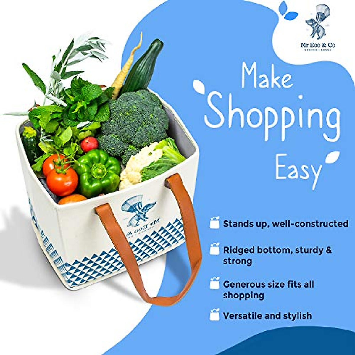 Mr Eco&Co Reusable Grocery Bags Heavy Duty - 4 Pack of Washable, Reusable Shopping Bags Made From Strong, Sturdy Leather Handles and 100% Cotton Canvas, Perfect for Shops, Markets or Storage