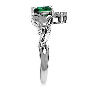 Silvershake 6MM Heart Shape Created Nano Green Emerald Irish Celtic Claddagh 925 Sterling Silver Friendship Ring May Gemstone Birthstone Size 5