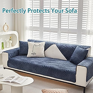 EXTLEZSA Velvet Sofa Slipcover Corner 3/2/1/4 Seater L Shape Embroidered Sofa Protector Thick Furniture Protector for Dogs Cats Kids (Navy Blue,30 * 50cm)