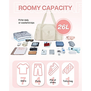 BAGSMART Foldable Travel Duffle Bag for Women, Gym Tote Bag for Sports, 26L Airport Carry On Weekender Overnight Bag for Travel, Travel Accessories(Beige)