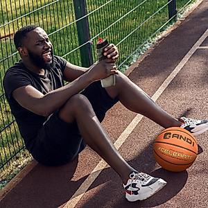 AND1 3-Pc Premium Rubber Basketball Bundle – Includes Official Regulation Size 7 (29.5”) Streetball (Deflated), Ball Pump and Squeeze Water Bottle Made for Indoor and Outdoor Basketball Games,Orange