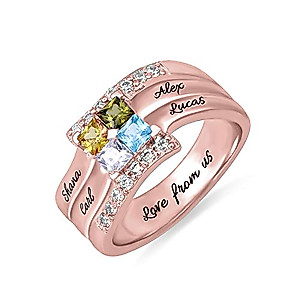 AILIN Custom Mom Rings 925 Sterling Silver Personalized 4 Square Birthstones And Names Rings Family Mothers Day Daughter Jewelry Gifts For Mommy Grandmom