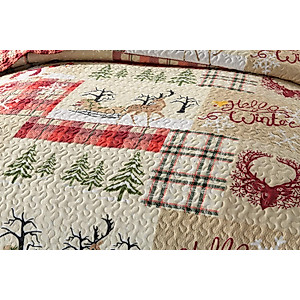 MarCielo 3 Piece Christmas Quilt Set, Rustic Lodge Deer Quilt Bedspread Throw Blanket Lightweight Bedspread Coverlet Comforter Set BY010 (King)