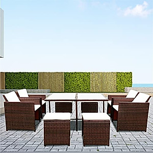 LJMXG 9 Piece Patio Dining Sets Outdoor Space Saving Rattan Chairs with Glass Table Patio Furniture Sets Padded.