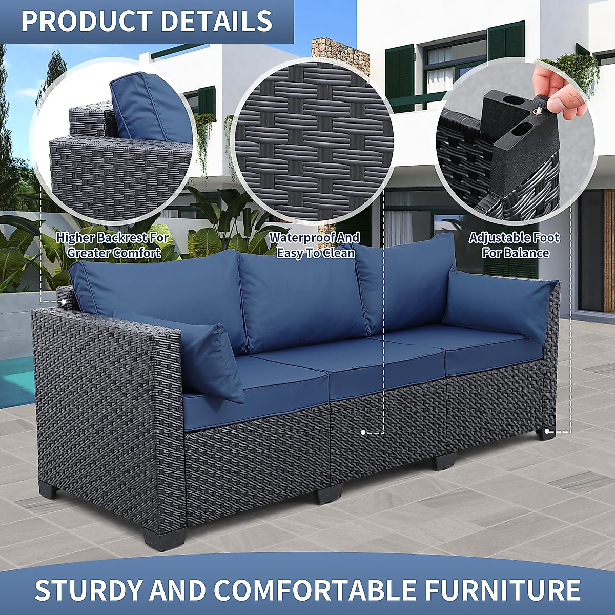 Valita 3-Seat Outdoor Rattan Sofa Patio Couch Black PE Wicker Loveseat Seating Furniture with Washable Navy Blue Cushions