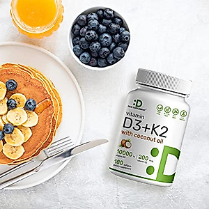 Vitamin D3 10,000 IU + K2 MK7 200 mcg, Infused with Virgin Coconut Oil, 180 Softgels, Double Strength Vitamin D & K, Promotes Heart, Bone & Teeth Health - Very Easy to Swallow