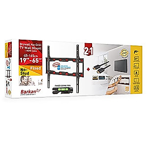 Barkan TV Wall Mount, 19 - 65 inch Fixed, Drywall No Stud No Drill Screen Bracket, Holds up to 71lbs, Auto Lock Patented, 5 Year Warranty , Fits LED OLED LCD, Including 6 ft 4K HDMI Cable Black