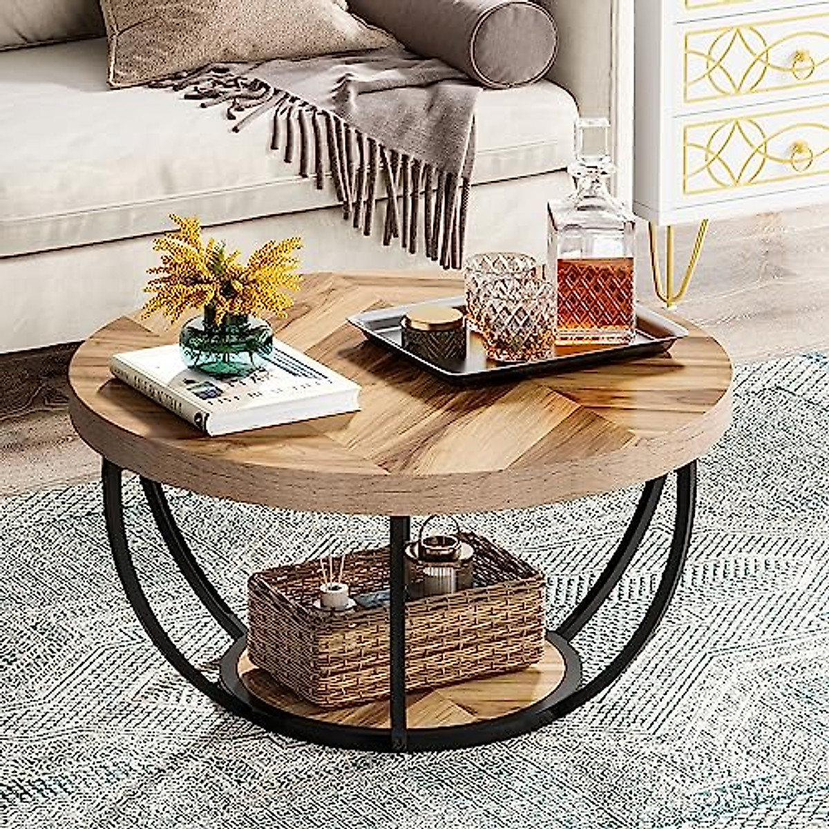 Tribesigns 31.7" Round Coffee Table, Industrial 2-Tier Circle Coffee Table with Storage Shelves, Modern Wooden Accent Center Table Sofa Side Table for Living Room, Home Office, Wooden Grain
