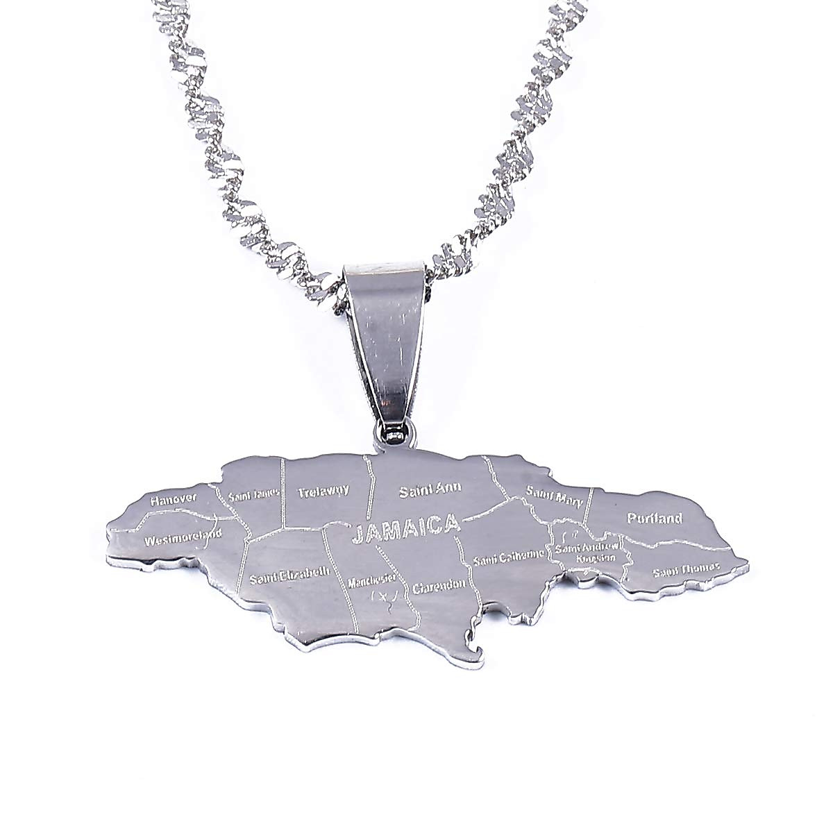 BR Gold Jewelry Stainless Steel Map of Jamaica With City Pendant Necklaces for Women (Silver Color)