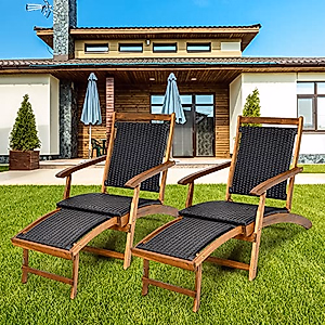 Tangkula Set of 2 Acacia Wood Folding Chaise Lounge Chair, Patiojoy Outdoor Foldable Deck Chair, Portable Wicker Lounger with Retractable Footrest, Ideal for Garden, Poolside, Courtyard