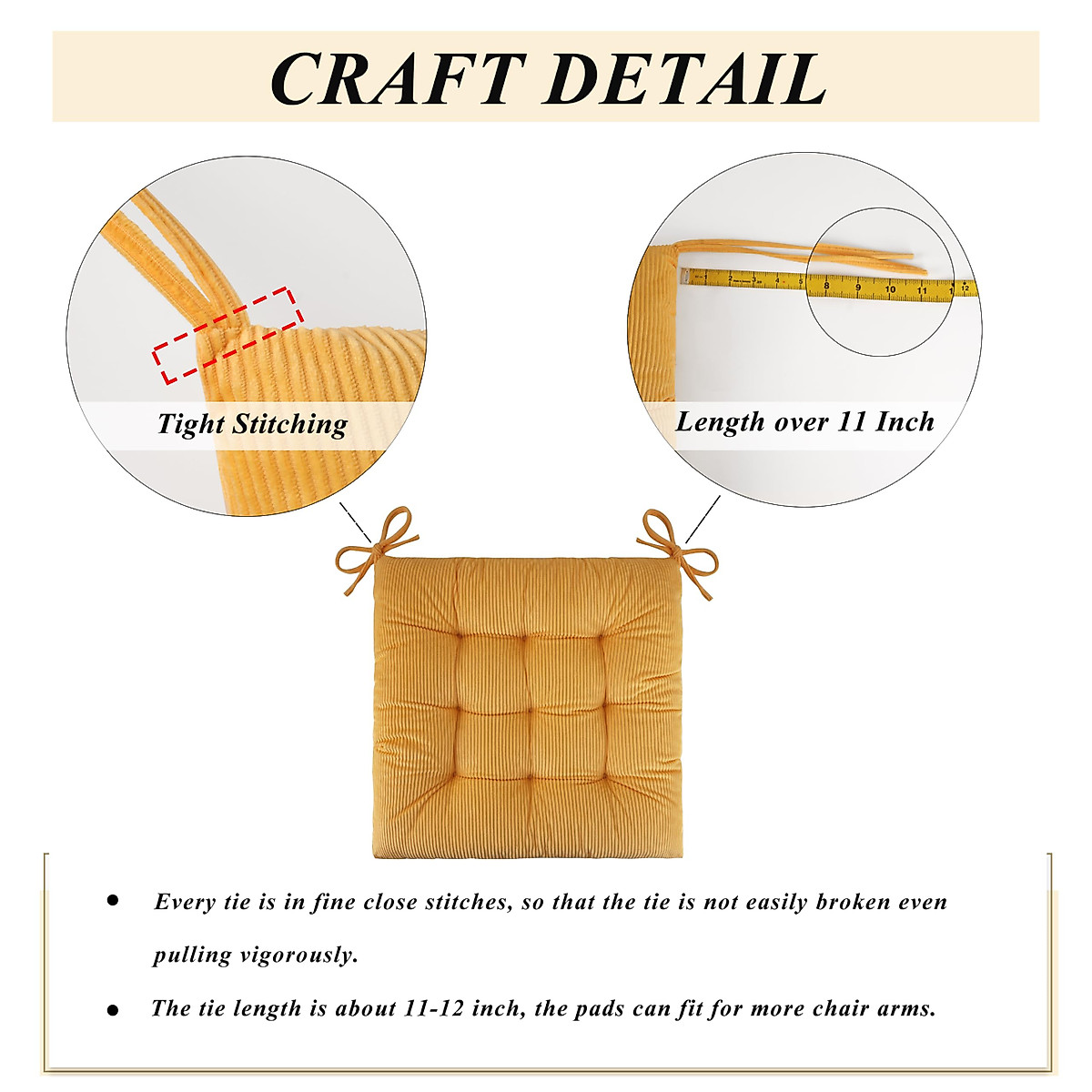 FlyGulls Set of 4 Chair Cushions for Dining Chairs 18" x 18" Corduroy Chair Seat Cushion for Office and Kitchen Chair Comfort Chair Cushion for Long Sitting (Yellow)